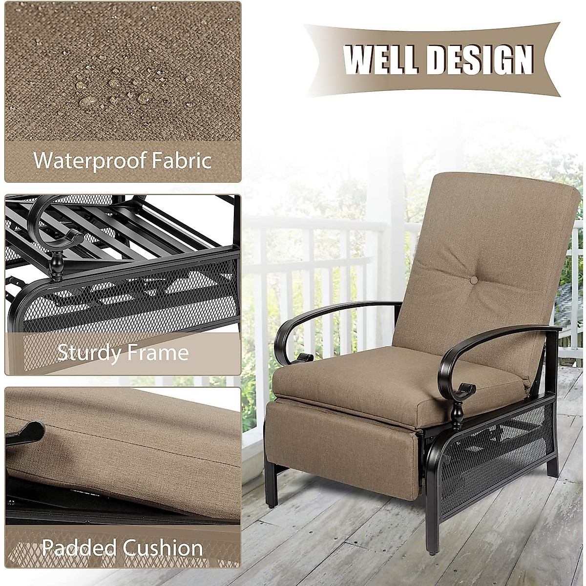 Betterland Outdoor Lounge Chair Set of 2 Metal Adjustable Patio Recliner Chair with Strong Extendable Frame and Thickened Removable Cushions, Beige