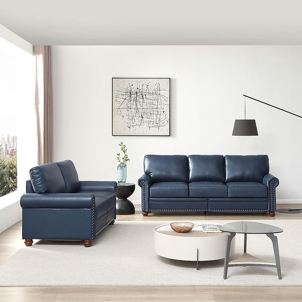 Antetek 2-Piece Comfy Upholstered PU Leather Sofa Couch Set, Mid-Century Modern Loveseat Sofa+3 Seater Couch with Storage Space for Living Room, Furniture Set, Navy Blue