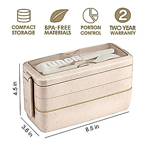 Iteryn Bento Box Lunch Box, 3-In-1 Compartment Lunch Containers - Wheat Straw, Leakproof Stackable Bento Lunch Box Meal Prep
