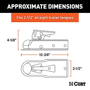 CURT 25135 Straight Tongue Trailer Coupler for 2-1/2-Inch Channel, 2-In Hitch Ball, 3,500 lbs, CLEAR ZINC