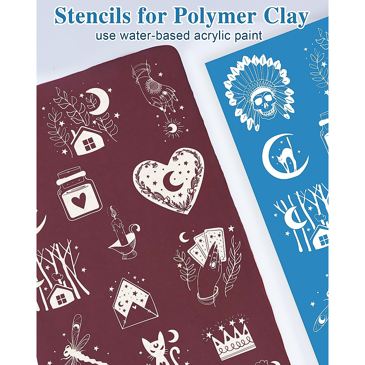 Puocaon Boho Clay Silk Screen - 6 Pcs Boho Moth Reusable Silk Screen Stencils for Polymer Clay Earrings Making, Crescent Moon Boho Sun Polymer Clay Silk Screen, Dreamcatcher Magic Book Silk Screen