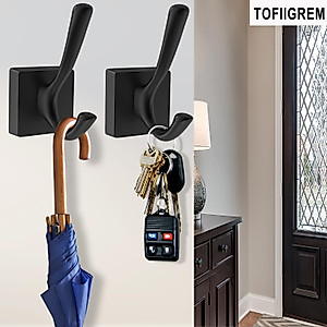 TOFIIGREM Black Wall Hooks Coat Hooks, Mudroom Hooks Bathroom Hallway Hooks for Hanging Clothes Robe Towel Backpack, Heavy Duty Decorative Hooks Modern Double Towel Hooks (4 Pack, Black)
