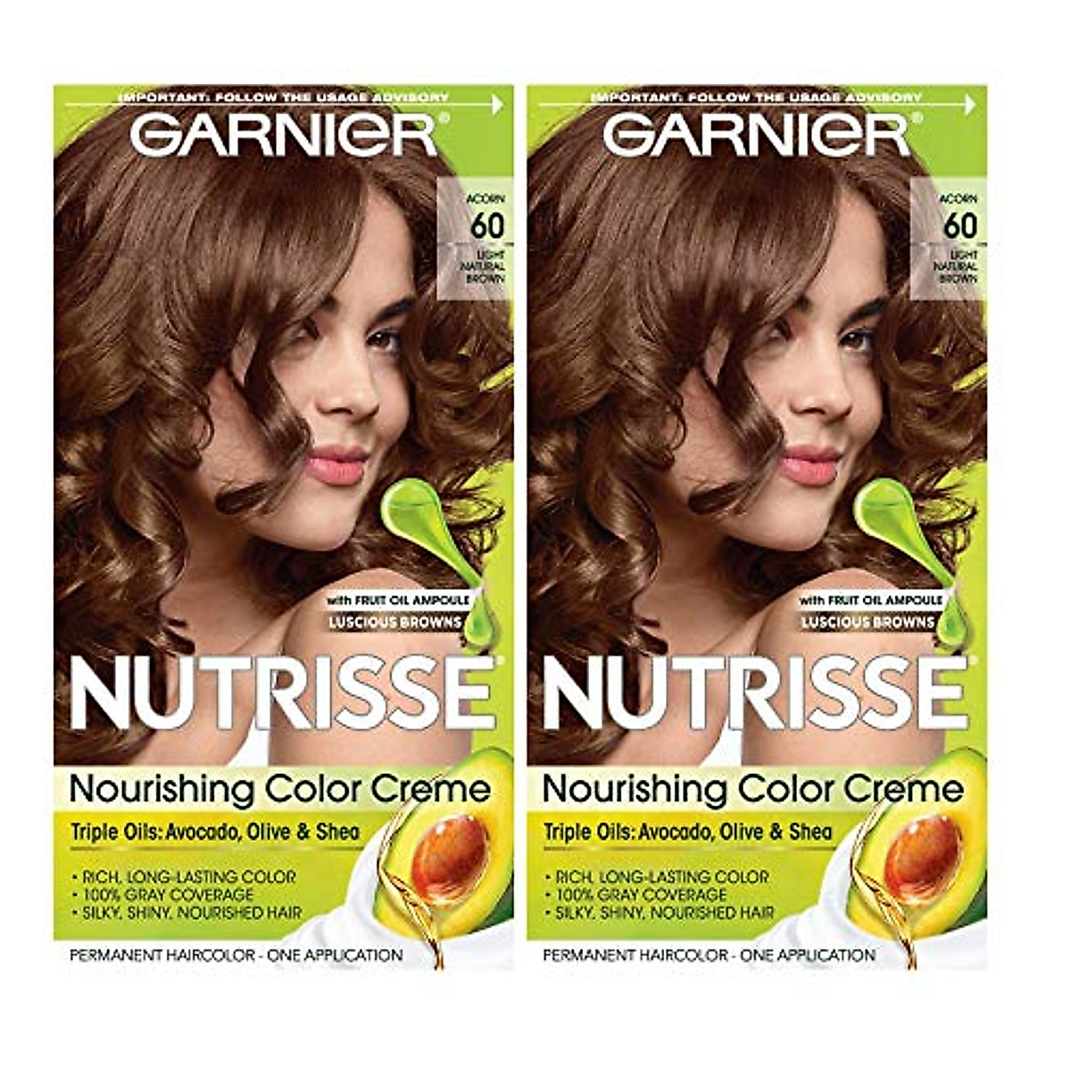 Garnier Hair Color Nutrisse Nourishing Creme, 60 Light Natural Brown (Acorn) Permanent Hair Dye, 2 Count (Packaging May Vary)