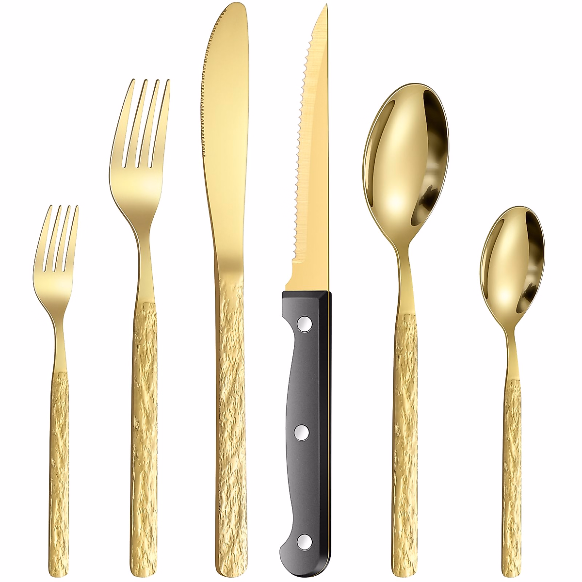 Premium 24-Piece Stainless Steel Cutlery Set with Steak Knives - Golden Silverware Set for Elegant Dining Experience