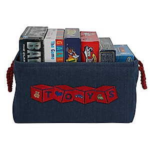 Toy Storage Basket Bin for Organizing Baby, Kids, Dog Toys, Children Books. Denim Canvas Box Organizer w/Attractive Red Patch for Playroom, Nursery …