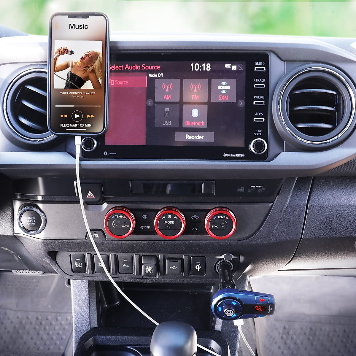 GOgroove FlexSMART X2 Mini Bluetooth FM Transmitter Radio Adapter Car Kit, USB Charging, Hands Free Calling, Music Controls, AUX Input – Compatible with MP3 Players, iPhone, Samsung, and More Devices