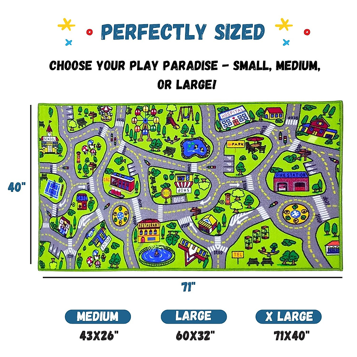 ToyVelt Kids Carpet Playmat Car Rug – Educational Road Traffic Carpet Multi Color Play Mat - X-Large 71" x 39" Best Kids Rugs for Playroom & Kid Bedroom – for Ages 3-12 Years Old