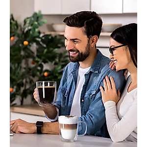 OJA Double Walled Coffee Mugs Set of 4-12.5oz Clear Coffee Cup with Handle for Cappuccino, Tea Bag, Latte Espresso Americano - Insulated, Heat Resistant Beverage Glasses Borosilicate Glass