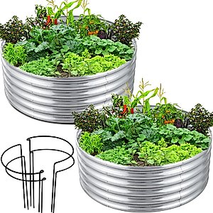 FORTUNO Round Galvanized Raised Garden Bed Kit Box 4 FT (2 Pack) Metal Outdoor Flower Bed Steel Patio Ground Planter for Planting Vegetables and Herb, Silver