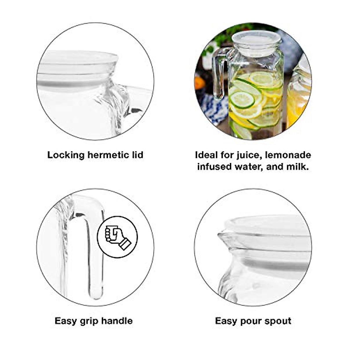 Bormioli Rocco Frigoverre Jug With Airtight Lids Set of 2 Glass Pitchers With Hermetic Sealing, Easy Pour Spout with Handle –For Water, Juice, Iced Coffee & Iced Tea. (39 Ounce = Set of 2)