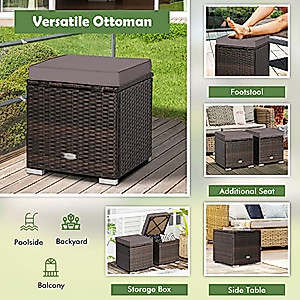 HAPPYGRILL 2 Piece Patio Ottoman Set Outdoor Wicker Stool with Storage, Rattan Footrest Ottoman with Solid Metal Frame and Cushion for Backyard Poolside Garden Balcony