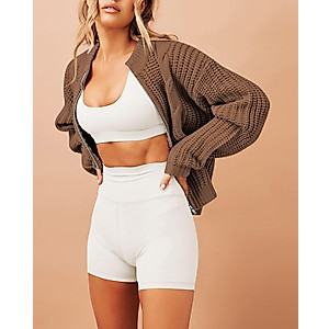 Women's 2023 Fall Casual Crop Cardigan Long Sleeve Full Zipper Chunky Knit Cardigans Sweaters Jacket Coat Chestnut M