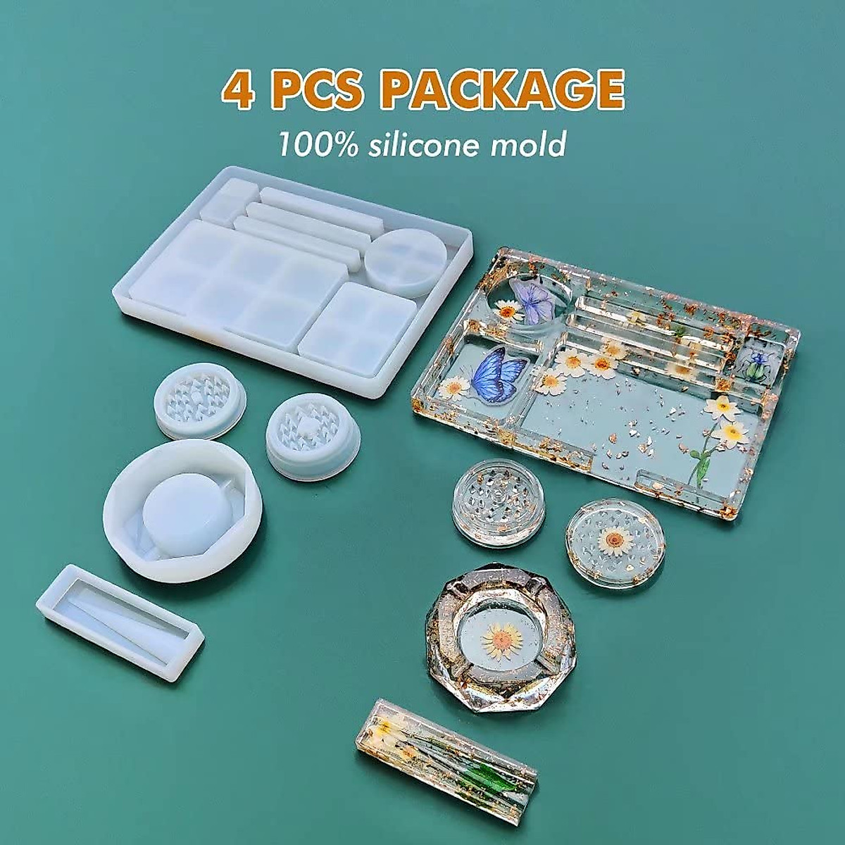 5 PCS Resin Tray Molds and Resin Grinder Mold for Grind and Storage, Large Resin Molds Silicone Molds for Resin, DIY Resin Epoxy Kit