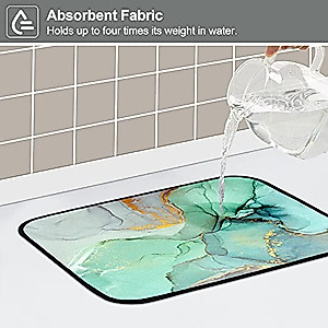 Teal Marble & Golden Swirls Dish Drying Mat for Kitchen, Small Microfiber Easy Storage Drying Pad, 16" x 18"