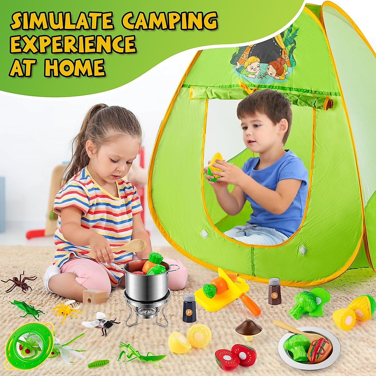 TIKJOYFUL 40 PCS Kids Camping Set, Pop Up Play Tent with Kids Cookware Toy, Outdoor Explore Kit & First AID playset, Indoor Outdoor Kids Pretend Play Toys for 3 4 5 6 7 8 Year Old Boys and Girls