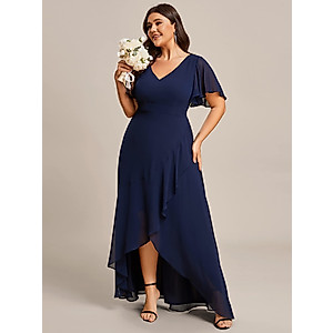 Ever-Pretty Plus Women's V Neck Ruffle Hem Short Sleeves A-line Plus Size Wedding Guest Dress Navy Blue US20