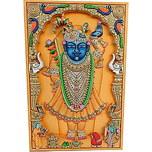 ShreeNathji Chandaniya Gatta hand wood painting gold leaf large wood painting with frame and LED