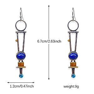 KaFu Handmade Retro Bohemian Geometry Long Earrings circle with triangle Links Turquoise Silver Dangle Drop Earrings for Women Jewellery Gifts (Style-1)