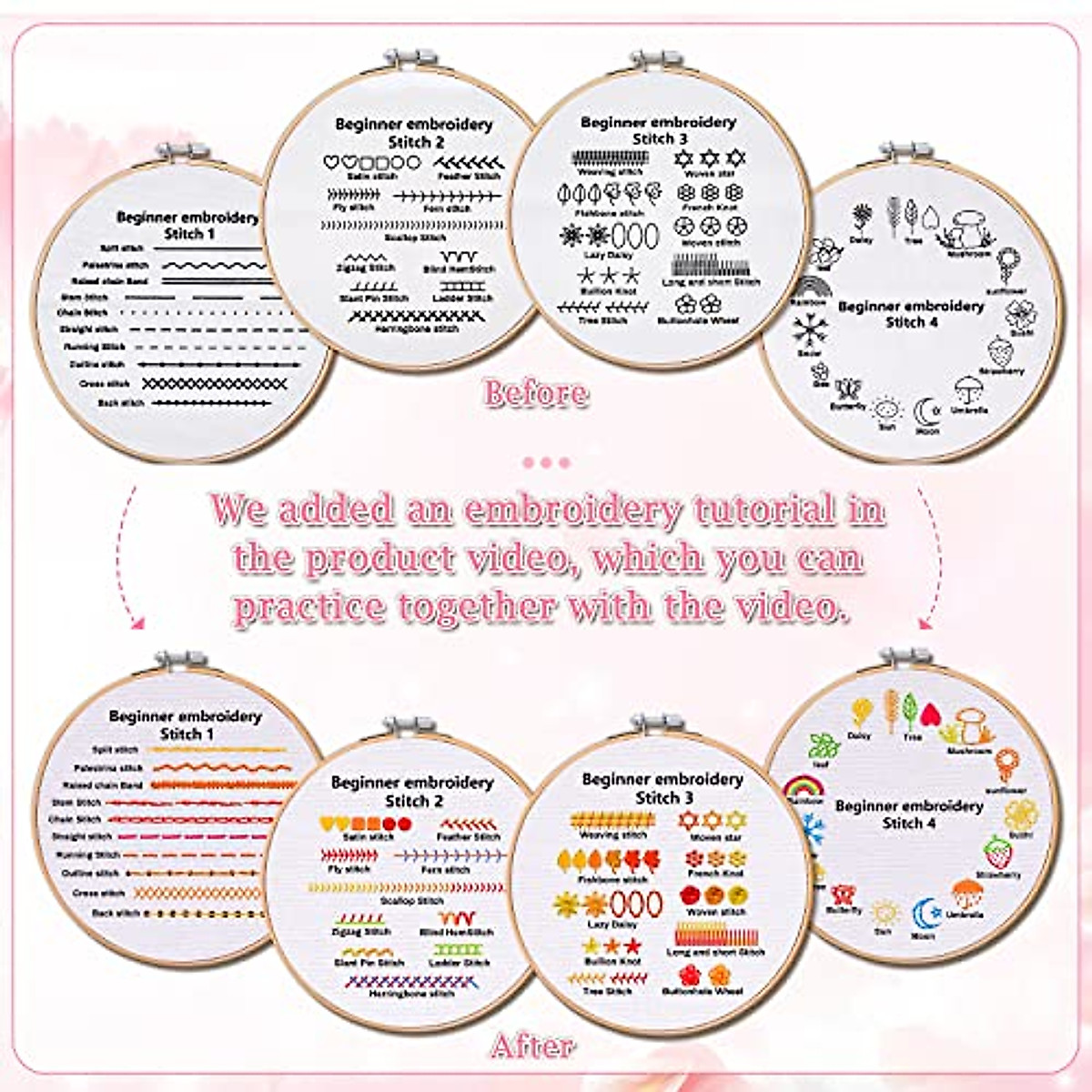 4 Sets Beginners Embroidery Stitch Practice kit, Embroidery Starter kit for Craft Lover with 30 Different Stitches,Embroidery Skill Practice Kit Include 4 Embroidery Cloth with Pattern Embroidery Hoop