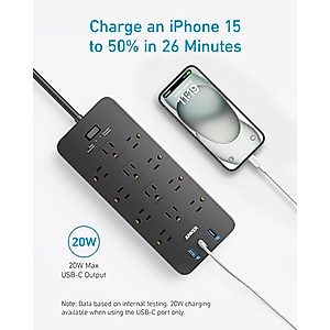 Surge Protector Power Strip (2100J), Anker 12 Outlets with 1 USB C and 2 USB Ports foriPhone 15/15 Plus/15 Pro/15 Pro Max, 5ft Extension Cord, Flat Plug, 20W USB C Charging for Home, Office,TUV Listed