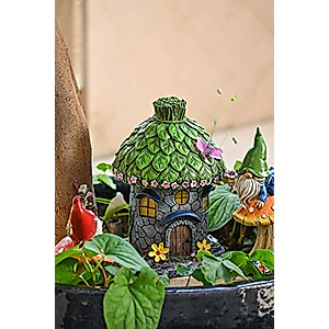 TERESA'S COLLECTIONS Dome Roof Fairy House Garden Statues with Solar Lights, Garden Ornaments Decor, Resin Outdoor Figurines for Patio Yard Porch Decorations, 7.8 Inch