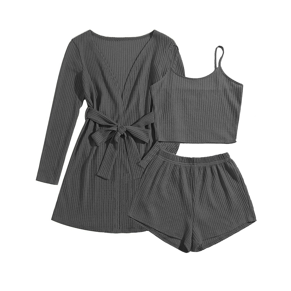 Ekouaer Womens 3 Piece Waffle Knit Lounge Set Soft Pajama Sets Tank Top and Shorts Cardigan with Pockets (Grey, XL)