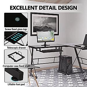 Haiput Wam Gaming Desk L Shaped Computer Desk Office Desk Modern Toughened Glass Corner Desk with Keyboard Tray for Home Office Writing Study 51", PC Desk Gaming Computer Desk