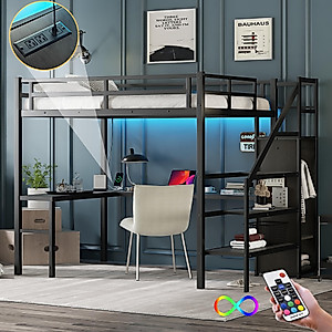 Full Size Metal Loft Bed with Desk and Wardrobe,Heavy Duty Loft Bed Frame with Storage Stairs,LED Loft Bed Full with Charging Station, Space Saving Loft Bed Full for Kids,Teens,Adults,Black