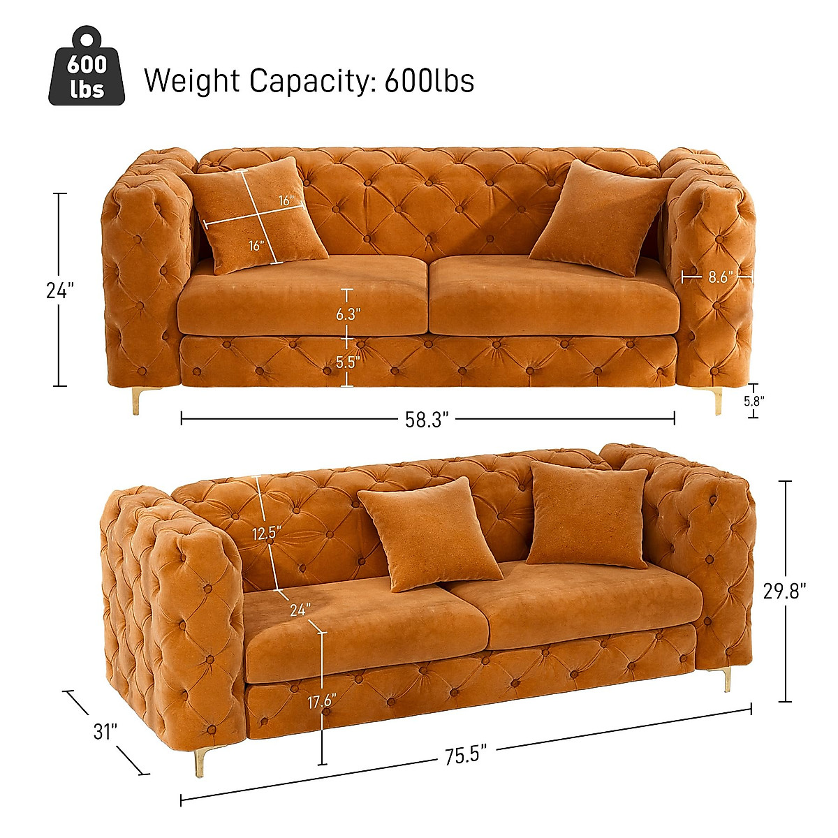 OUYESSIR 75" Comfy Modern Velvet Sofa Couch, Upholstered Deep Seat Sofa Tufted Couch with Metal Gold Legs and Pillows for Living Room Bedroom Office, Orange