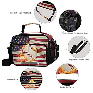 Baseball Ball Fire Lunch Bags for Women Men Us Flag Stars Thermal Cooler Bag Lunch Box Insulated Reusable Organizer Tote Lunch Bag with Adjustable Shoulder Strap for Work Picnic Beach Sporting