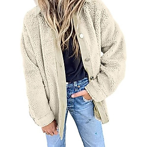 Dokotoo Women Winter Coat Turn-Down Collar Sherpa Jacket Women 2023 Fleece Shirt Jacket Button Down Women Coat Casual Long Sleeve Coats with Pockets Beige Medium
