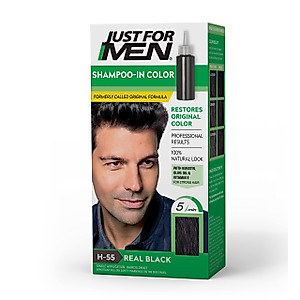 Just For Men Shampoo-In Color (Formerly Original Formula), Mens Hair Color with Keratin and Vitamin E for Stronger Hair - Real Black, H-55, Pack of 1
