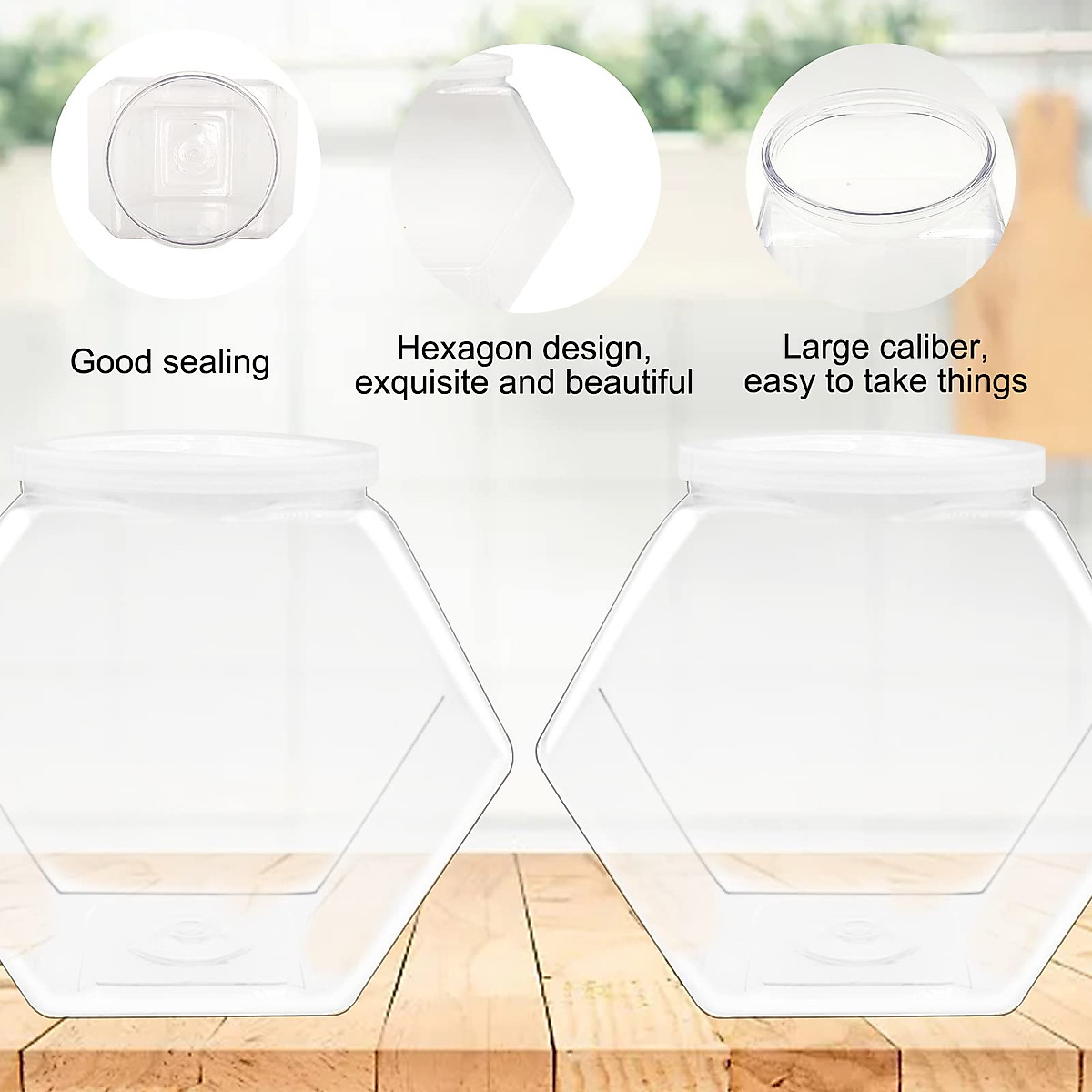 4 PCS Plastic Candy Jars Cookie Jars, Hexagon with Airtight Lids Clear Candy Jar Wide Round Mouth Snacks Candy Containers Reusable Coffee Candy Display for Gifts and Storage
