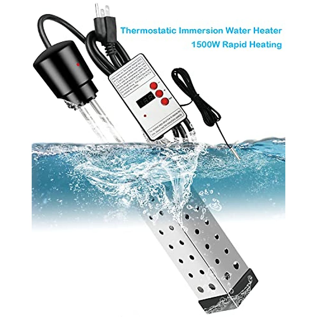 1500W Immersion Water Heater, Pool Water Heater Above Ground with Stainless Steel Guard Cover and Digital LCD Thermometer for Bathtub, Garden, Backyard