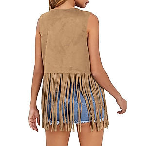 Dokotoo Womens Spring Fashion 2025 Fringe Vest 70s Theme Birthday Party Hippie Costume Rodeo Club Night Cowgirl Western Resort Wear Concert Outfits for Women Summer Vests for Women Khaki X-Large
