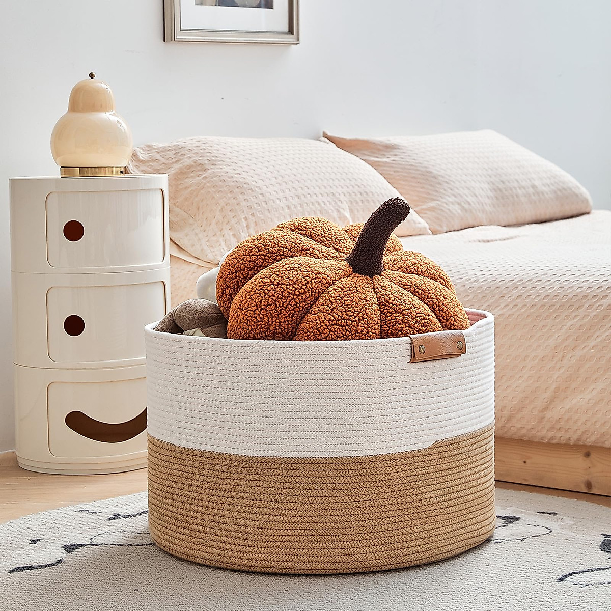 R RUNKA Extra Large Basket 22" x 14", Soft Woven Storage Basket with Leather Handles,Big Basket and Organizer for Laundry, Toys, Books and Baby Blankets