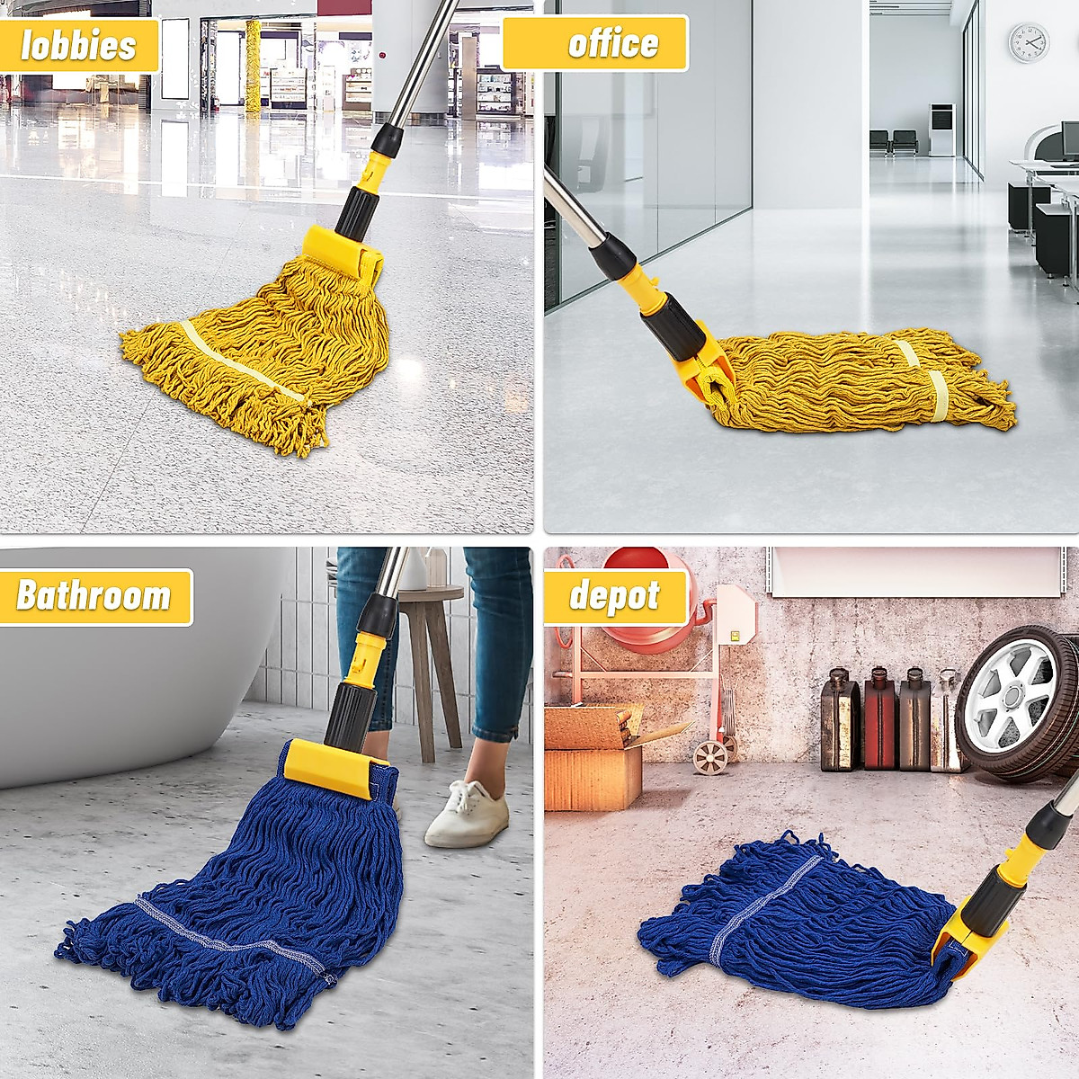 Kasunpul Commercial Mop, Looped-End String Wet Mop, Industrial Mop, 69" Heavy Duty Mops with 2 String Mop Heads for Floor Cleaning, Home, Kitchen, Office