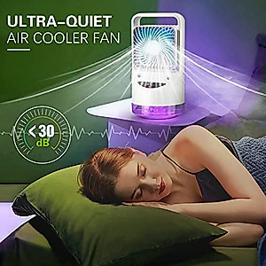 HeaBoom 90° Auto Oscillation Portable Air Conditioner, 4000mAh Rechargeable Evaporative Cooler Humidifier, Mini Conditioner with 7 Color Lights, Aroma Discs, Desk Cooling Fan, White