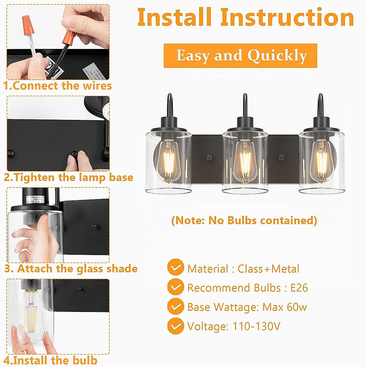 Baocuz 3-Light Bathroom Light Fixtures, Black Vanity Light Farmhouse Wall Sconces with Clear Glass Shade, Modern Bathroom Wall Lamp for Mirror Bedroom Hallway Living Room Cabinet