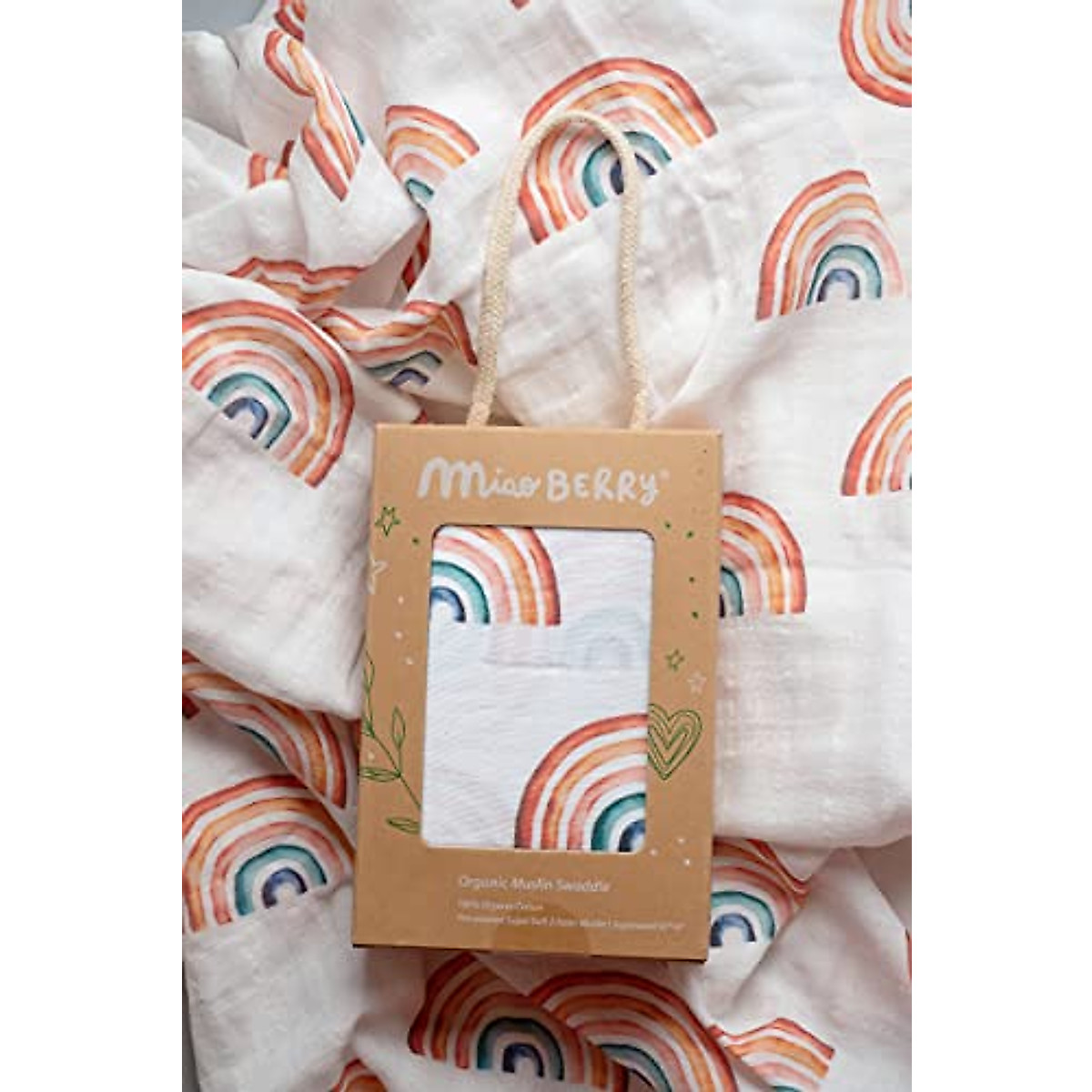 Miaoberry Organic Muslin Baby Swaddle Blanket and Hat Set Newborn Unisex Neutral Boy Girl| Boho Rainbow |Photo Props Birth Announcement Card