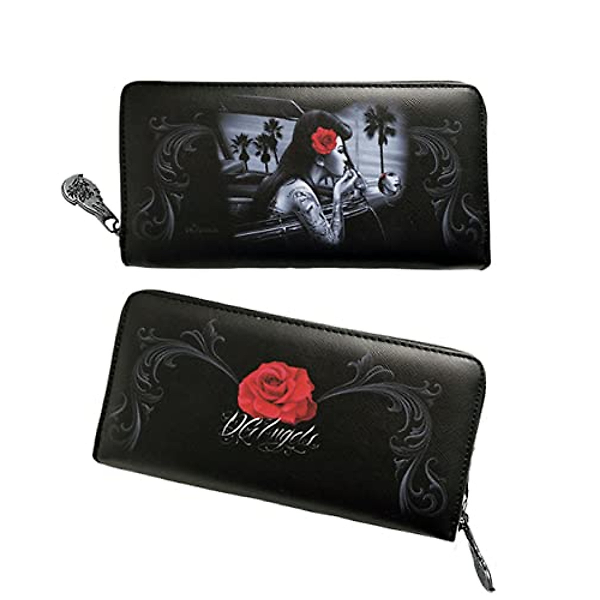 DGA Rockabilly Day of the Dead My Style Red Rose Womens Clutch Zippered Wallet