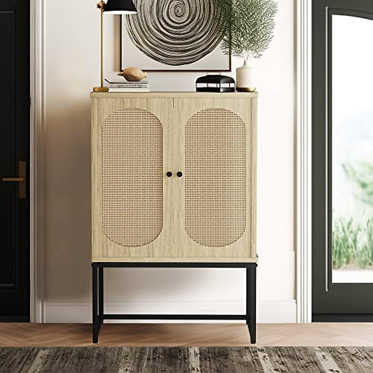 Lamerge Natural Rattan Cabinet Set of 2,Sideboard Buffet Cupboard Accent Cabinet with 2 Door,Adjustable Shelves,Free Standing Bookmatch,High Cabinet,RusticOak Beige