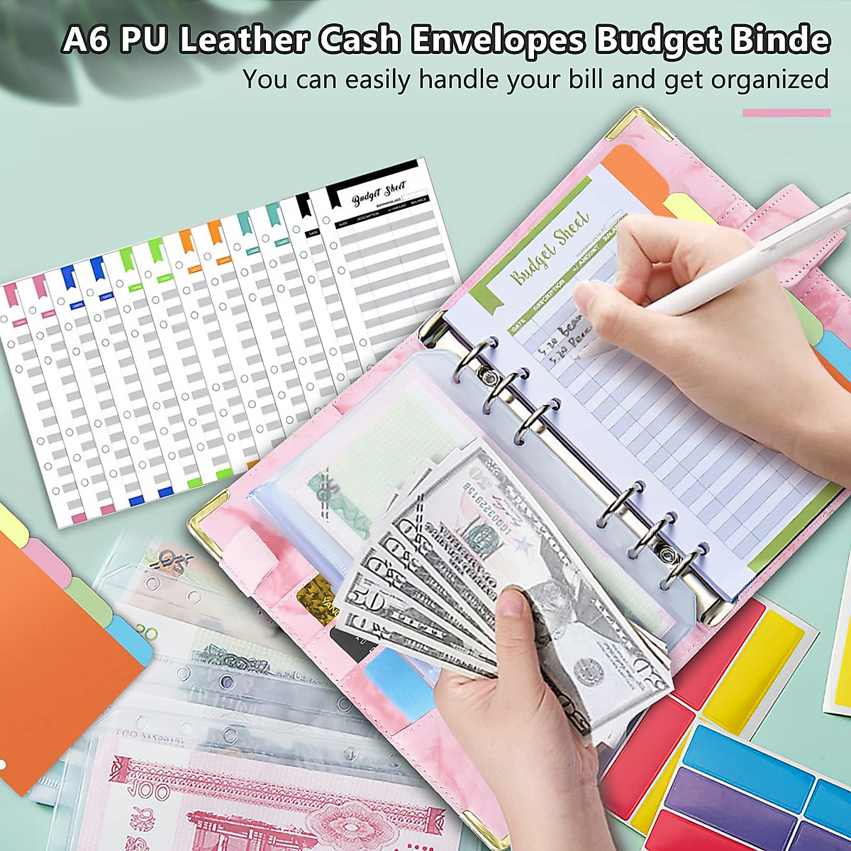 Soomeet Budget Binder, 54Pcs Budget Binder with Zipper Envelopes, Cash Envelopes for Budgeting, Money Organizer for Cash, A6 Budget Planner with Cash Envelopes, Pink