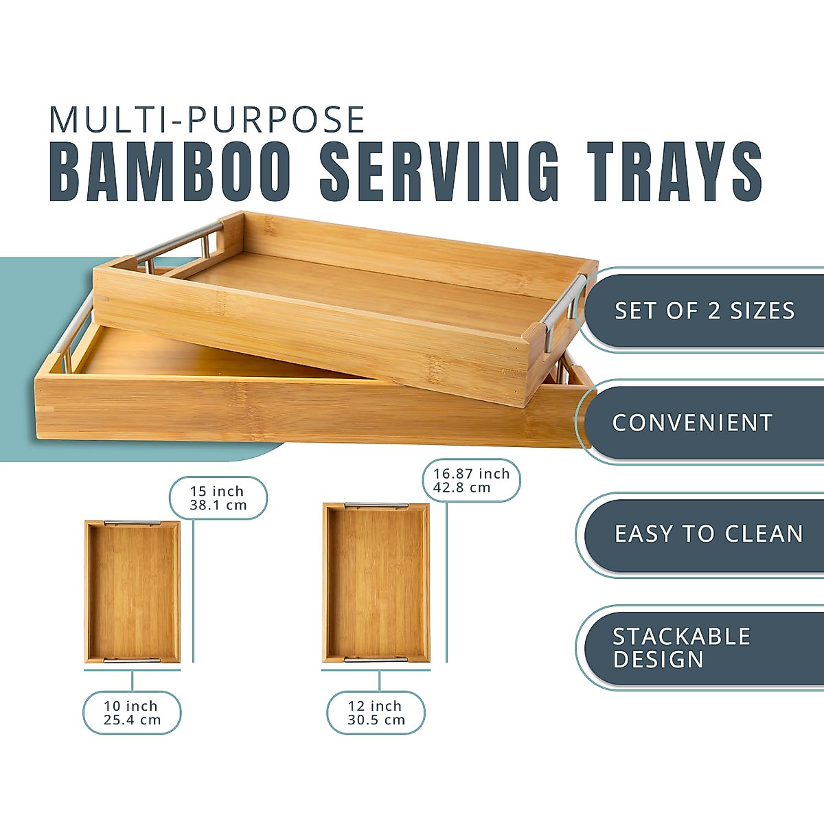 Set of 2 Decorative Serving Trays - Bamboo + Silver Stainless Steel Handles - Coffee Table or Ottoman Tray for Breakfast in Bed Jewelry, Decor Organization - 12"x17" - Pure Bamboo Finish