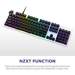NZXT Function Full-Size Wired Gaming Keyboard – Gateron Red Mechanical Switches - Linear, Fast, and Quiet – Hot-Swappable – RGB Backlit – Aluminum Top Plate – Sound Dampening Foam – Wrist Rest – White