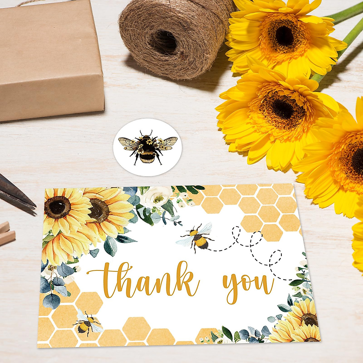 Whaline 24Pcs Sunflower Bee Thank You Cards Bulk Watercolor Summer Flower Greeting Cards with Envelope Stickers Blank Note Cards for Wedding Baby Shower Bridal Birthday Party, 4 x 6 Inch
