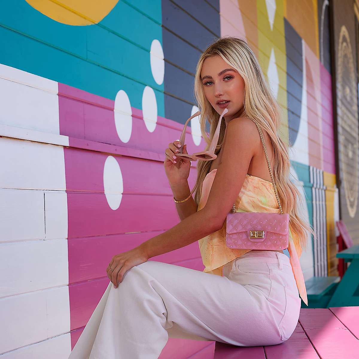 Olivia Miller Women's Fashion Finn PVC Jelly Pink Gradient Pattern Small Crossbody Bag w Convertible Strap, Evening Everyday Casual Work Purse Handbag