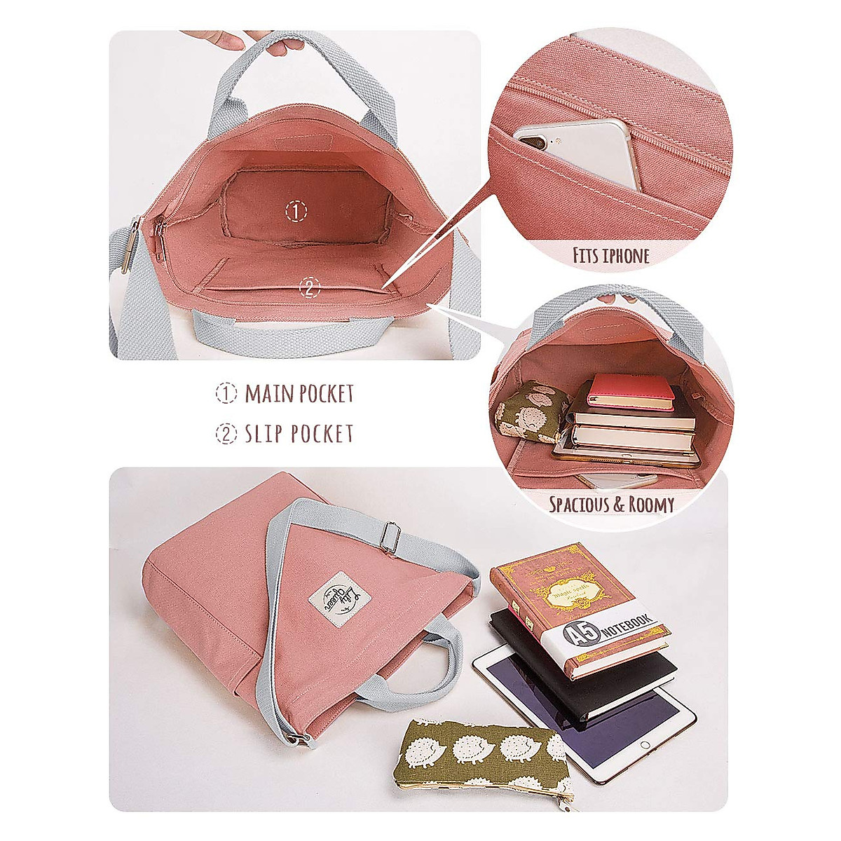 Lily queen Women Canvas Tote Handbags Casual Shoulder Bag purse Crossbody (Almond Pink)