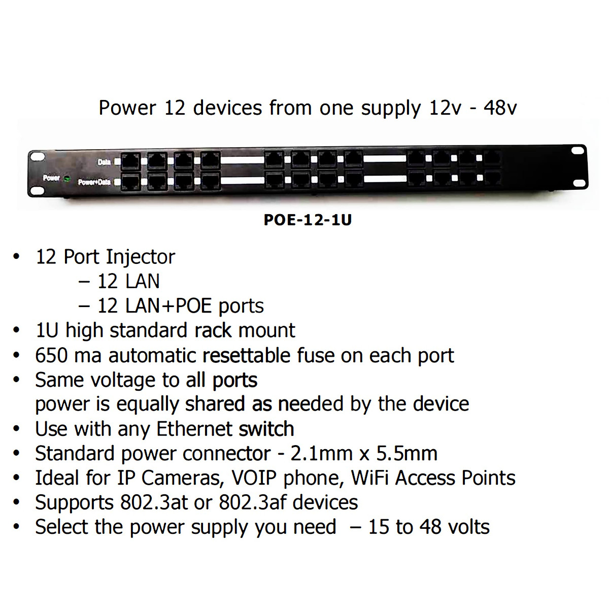 PoE Texas POE-12-24v60w | 12 Port Passive PoE Injector - Power Over Ethernet with 24 Volt 60 watt Power Supply for Ubiquiti, Mikrotik and Similar Devices