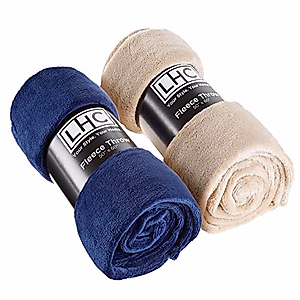 Lavish Home Fleece Throw Blanket-Set of 2-Navy Blue & Sand Plush 60”x50” Blankets- Soft & Cozy for Travel, Outdoor Events & Lounging on The Sofa or a Chair by LHC